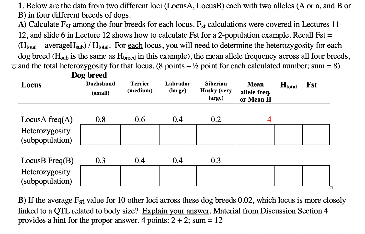 Solved 1. Below are the data from two different loci | Chegg.com