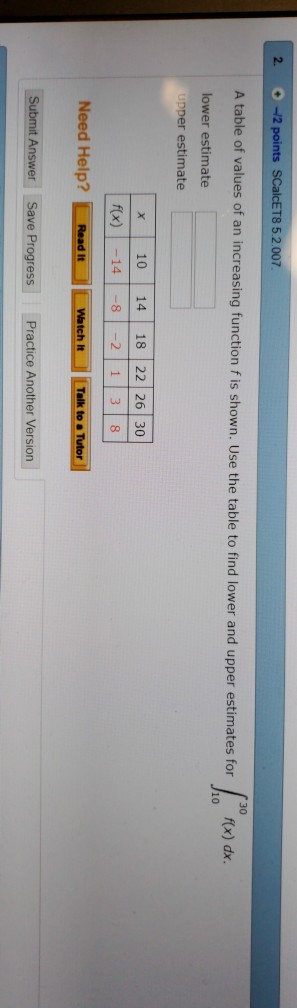 Solved 2. -12 points SCalcET8 5.2.007 A table of values of | Chegg.com