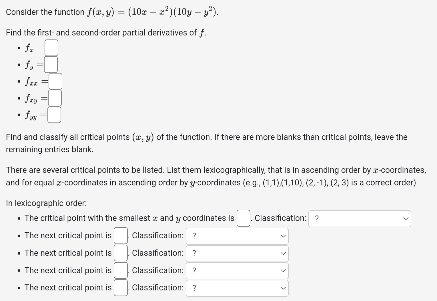 Solved Consider the function f(x,y)=(10x-x2)(10y-y2).Find | Chegg.com