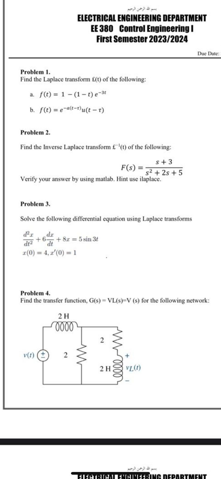 Solved Problem 1. Find the Laplace transform £(t) of the | Chegg.com