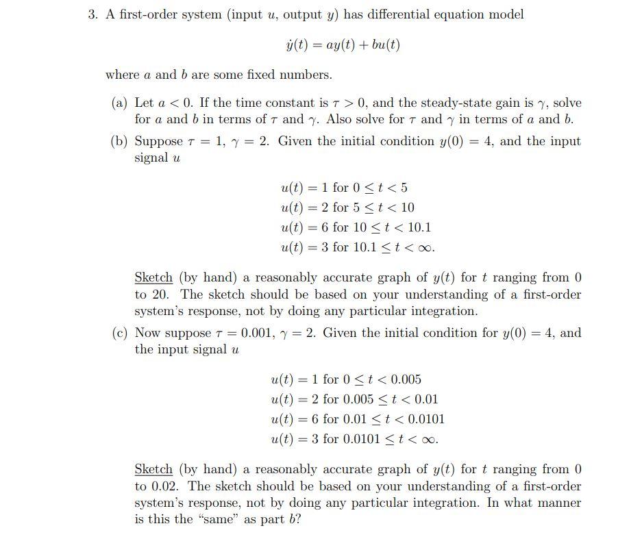Solved 3. A first-order system (input u, output y) has | Chegg.com