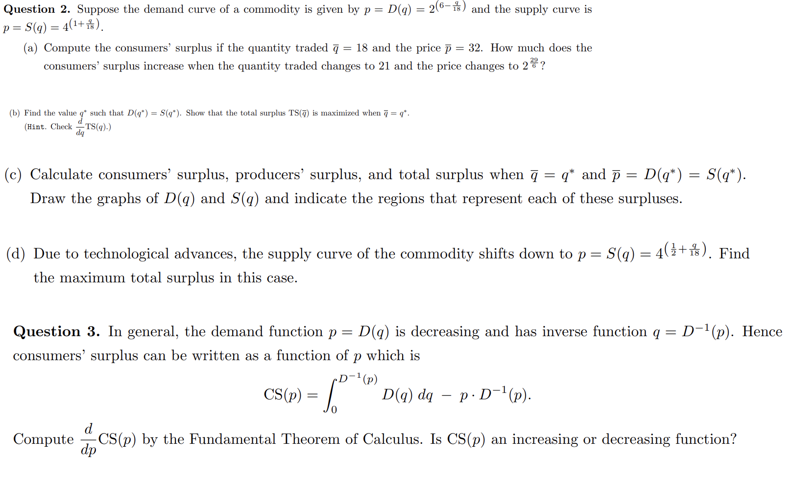 Solved Question 2 Suppose The Demand Curve Of A Commodity