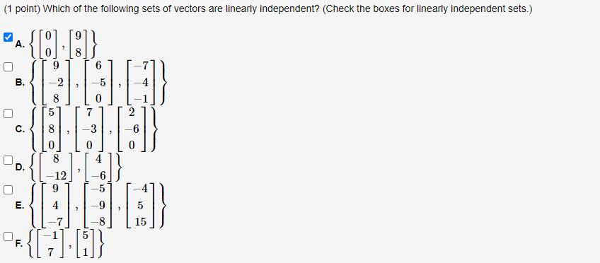 Solved (1 point) Which of the following sets of vectors are | Chegg.com