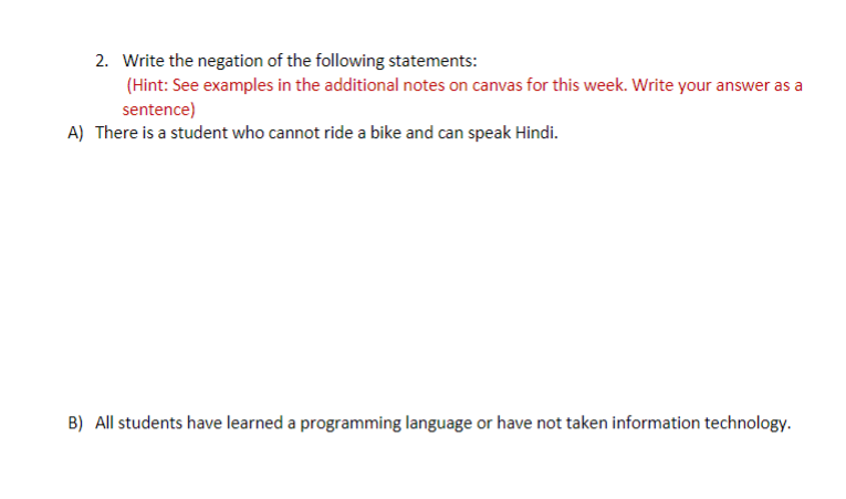 Solved 2. Write the negation of the following statements: | Chegg.com