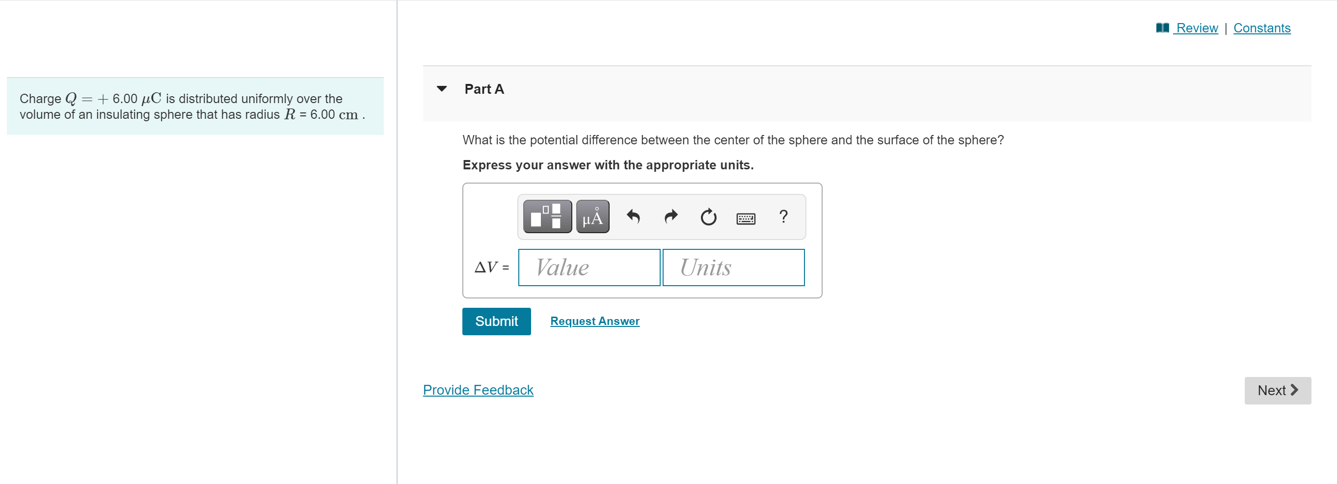 Solved Review Constants Part A = Charge Q +6.00 uC is | Chegg.com