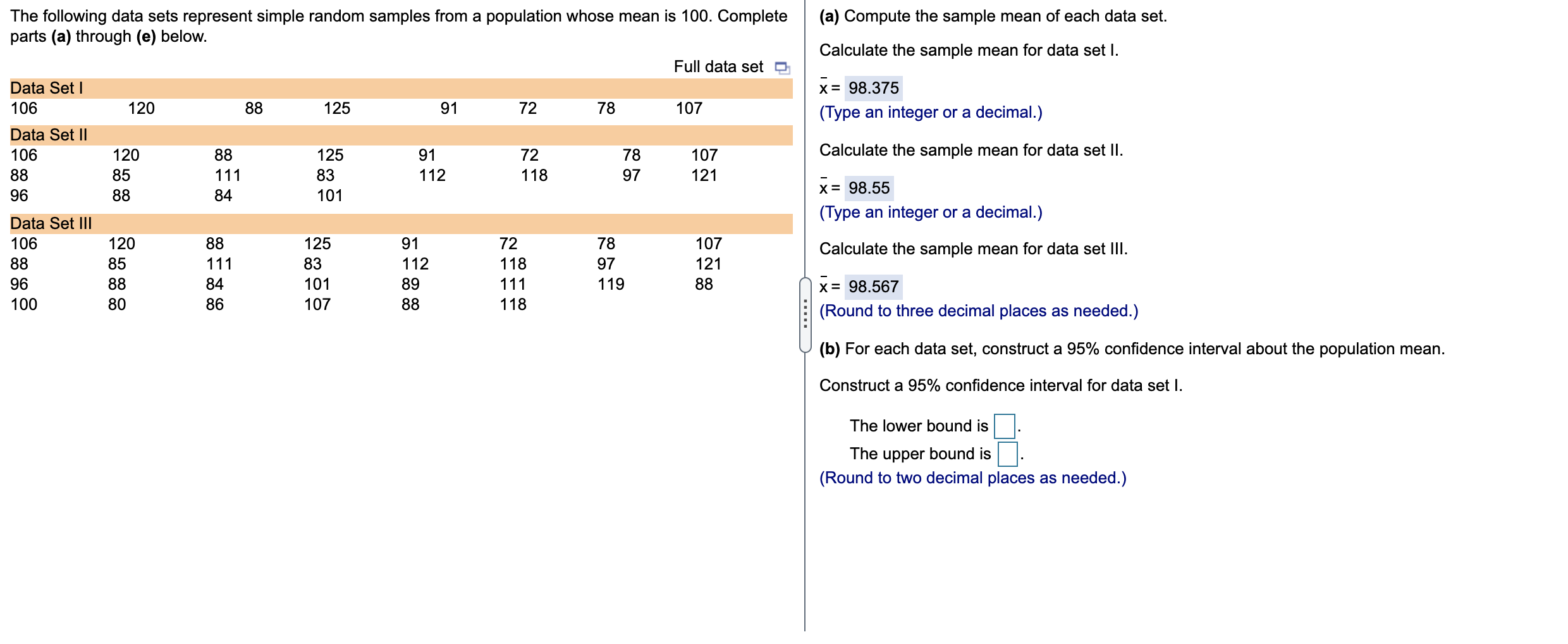 Solved (a) Compute the sample mean of each data set. The | Chegg.com