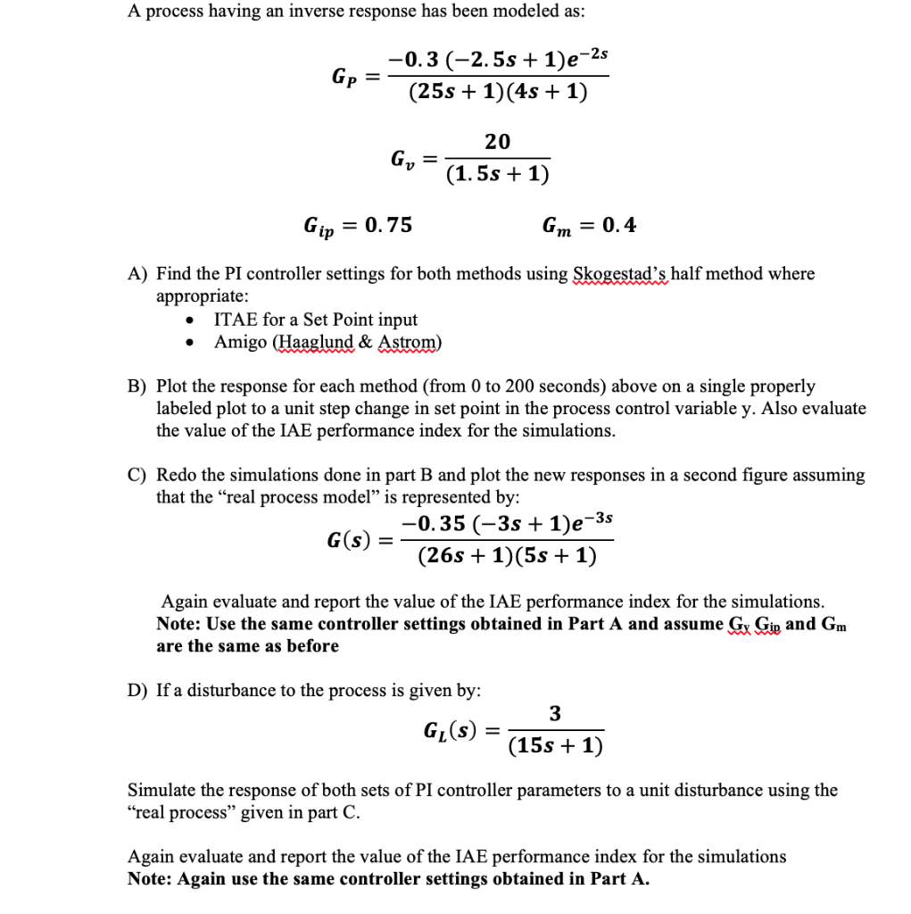 A process having an inverse response has been modeled | Chegg.com