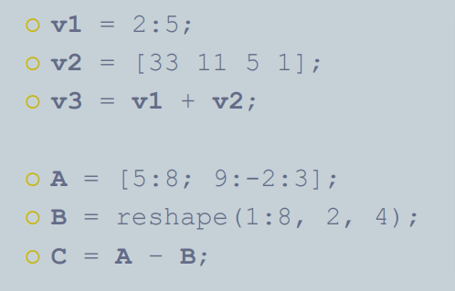 Solved v1=2:5; v2=[331151]; v=v1+v2; A=[5:8;9:−2:3]; B= | Chegg.com