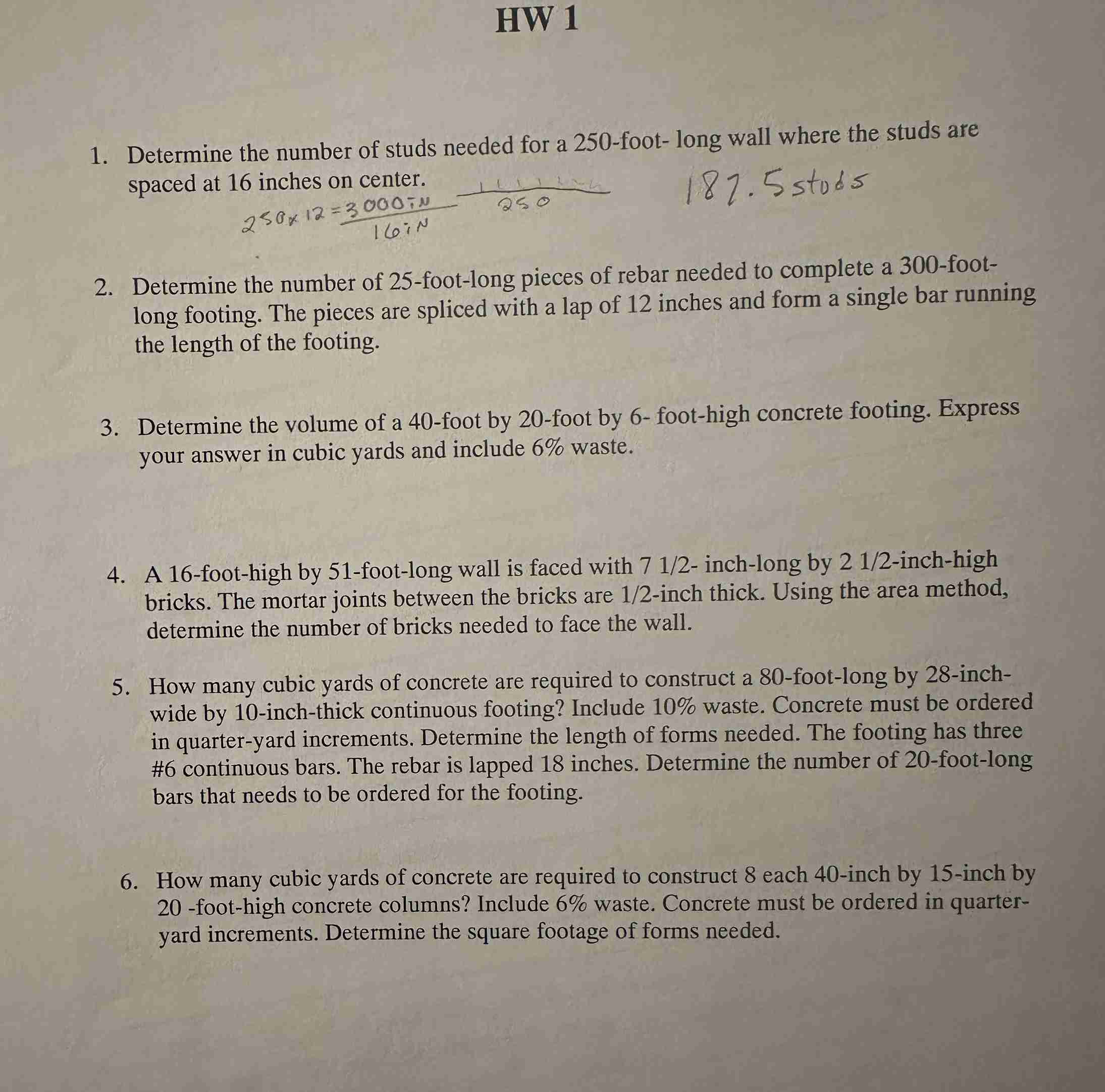 Solved HW 1Determine the number of studs needed for a | Chegg.com