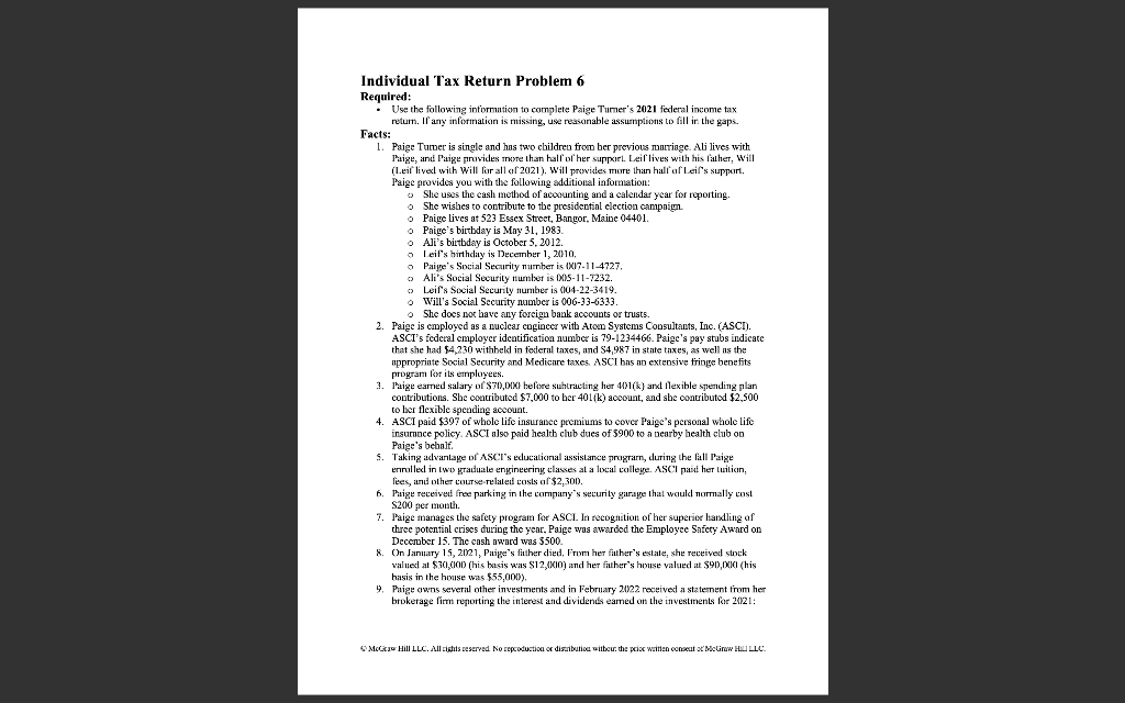 Individual Tax Return Problem 6 Required: - Use the | Chegg.com