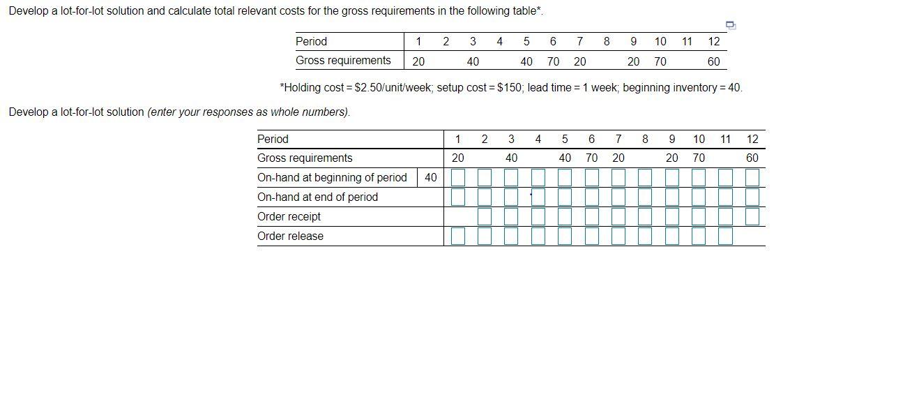 Solved Develop a lot-for-lot solution and calculate total | Chegg.com