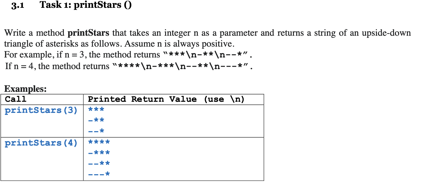 Solved Write a method printStars that takes an integer n as | Chegg.com