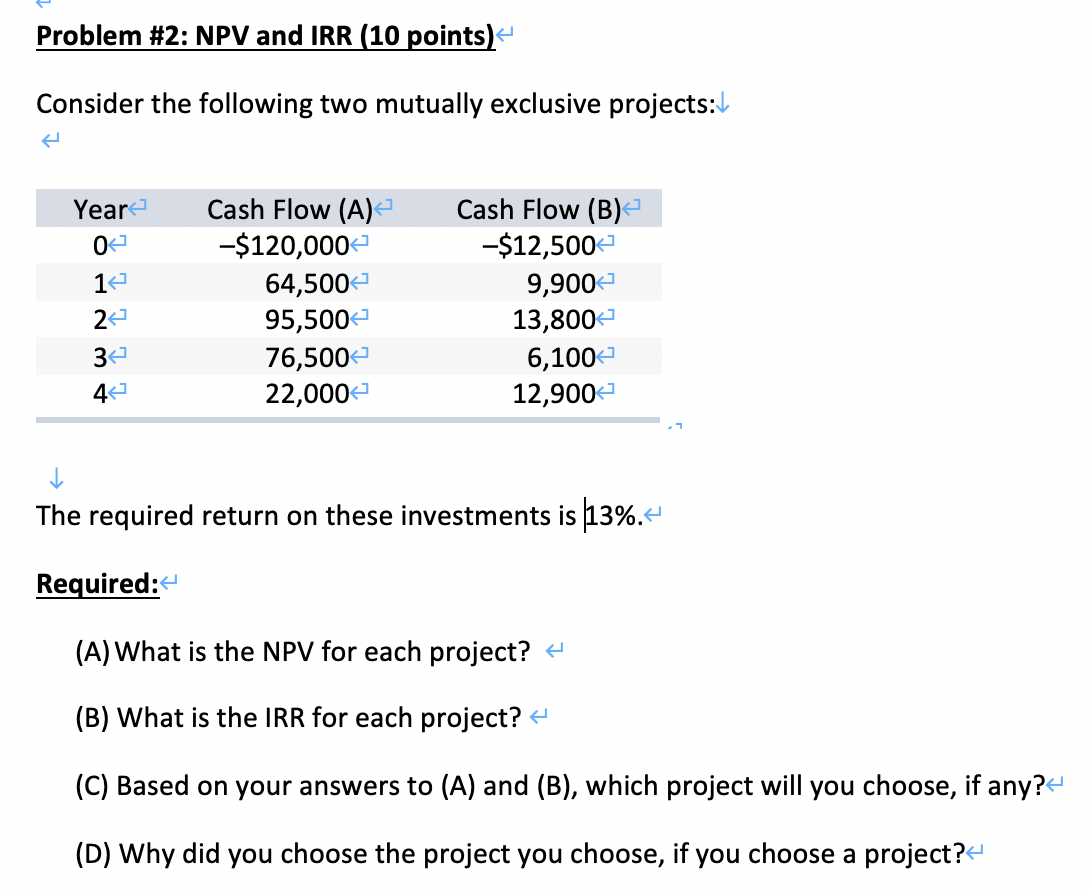 Solved Problem #2: NPV and IRR (10 points) Consider the | Chegg.com