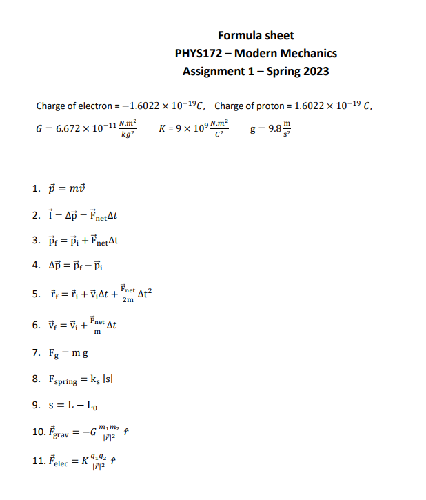 Solved Formula sheet PHYS172 - Modern Mechanics Assignment 1 | Chegg.com