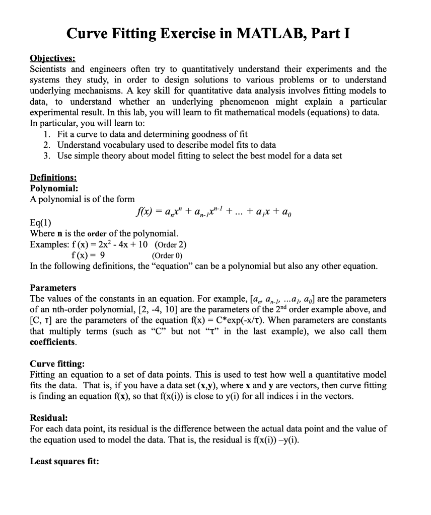 Curve Fitting Exercise in MATLAB, Part I Objectives: | Chegg.com