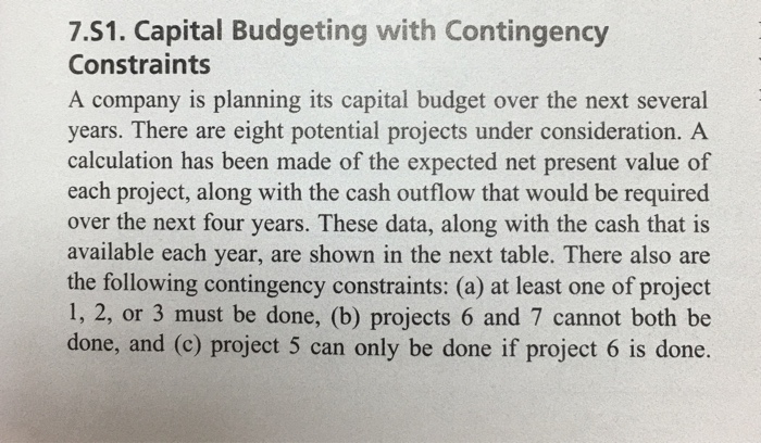 7.S1. Capital Budgeting with Contingency Constraints | Chegg.com
