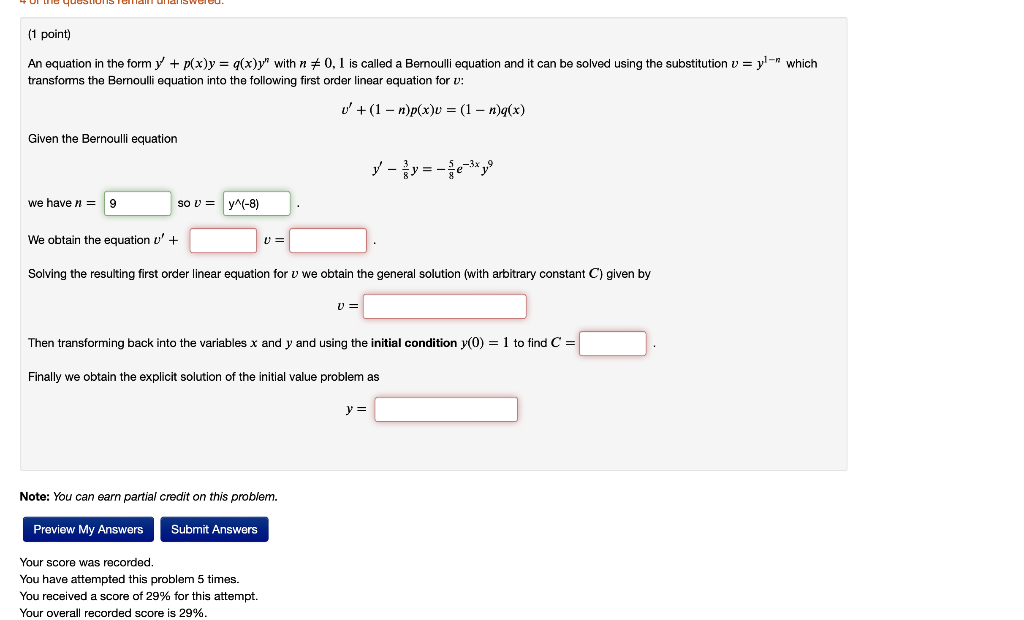Solved An equation in the form y′+p(x)y=q(x)yn with n =0,1 | Chegg.com