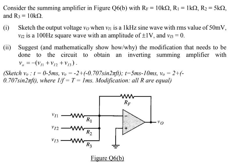 Solved Consider the summing amplifier in Figure Q6(b) with | Chegg.com