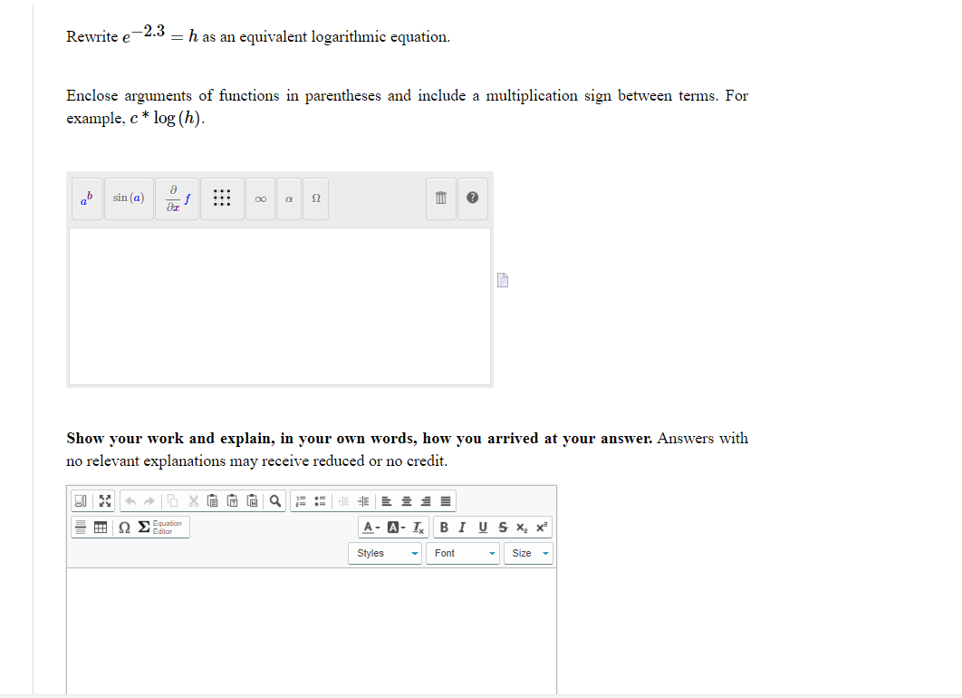 Solved Rewrite e−2.3=h as an equivalent logarithmic | Chegg.com
