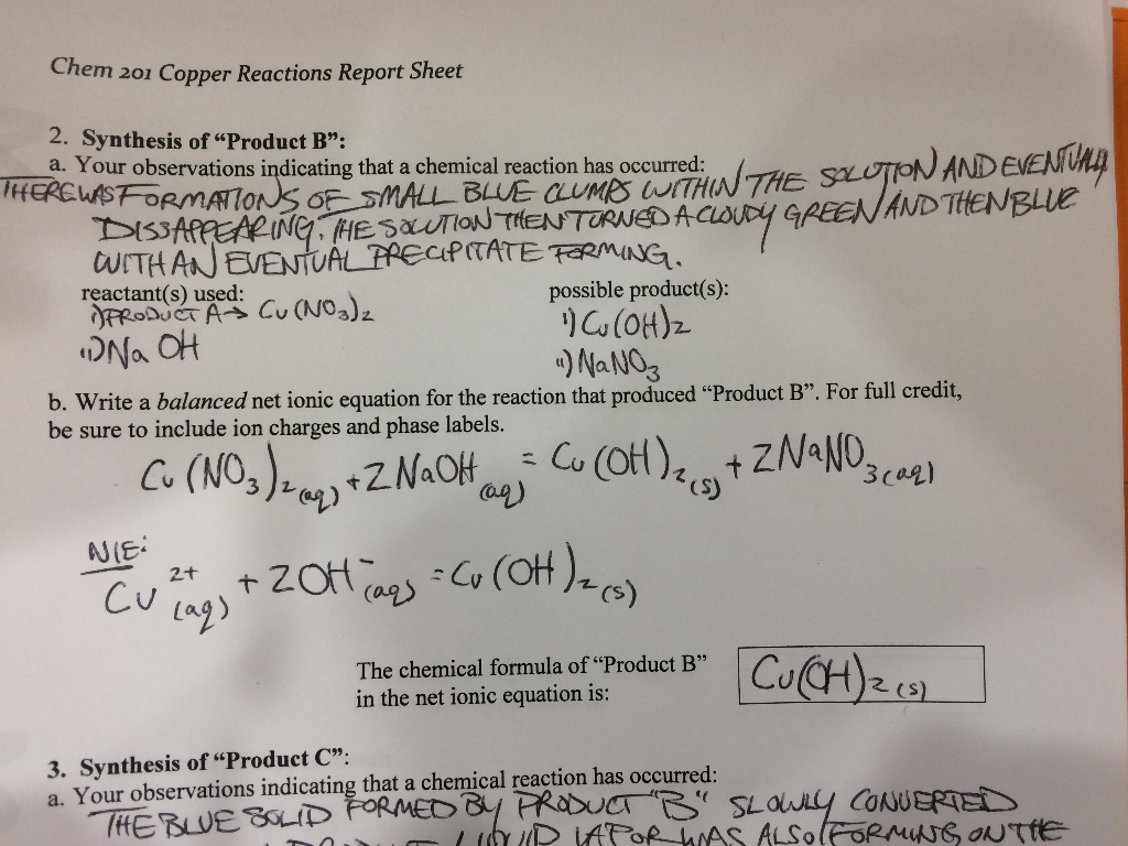 Solved Chem 201 Copper Reactions Report Sheet 4. Synthesis | Chegg.com