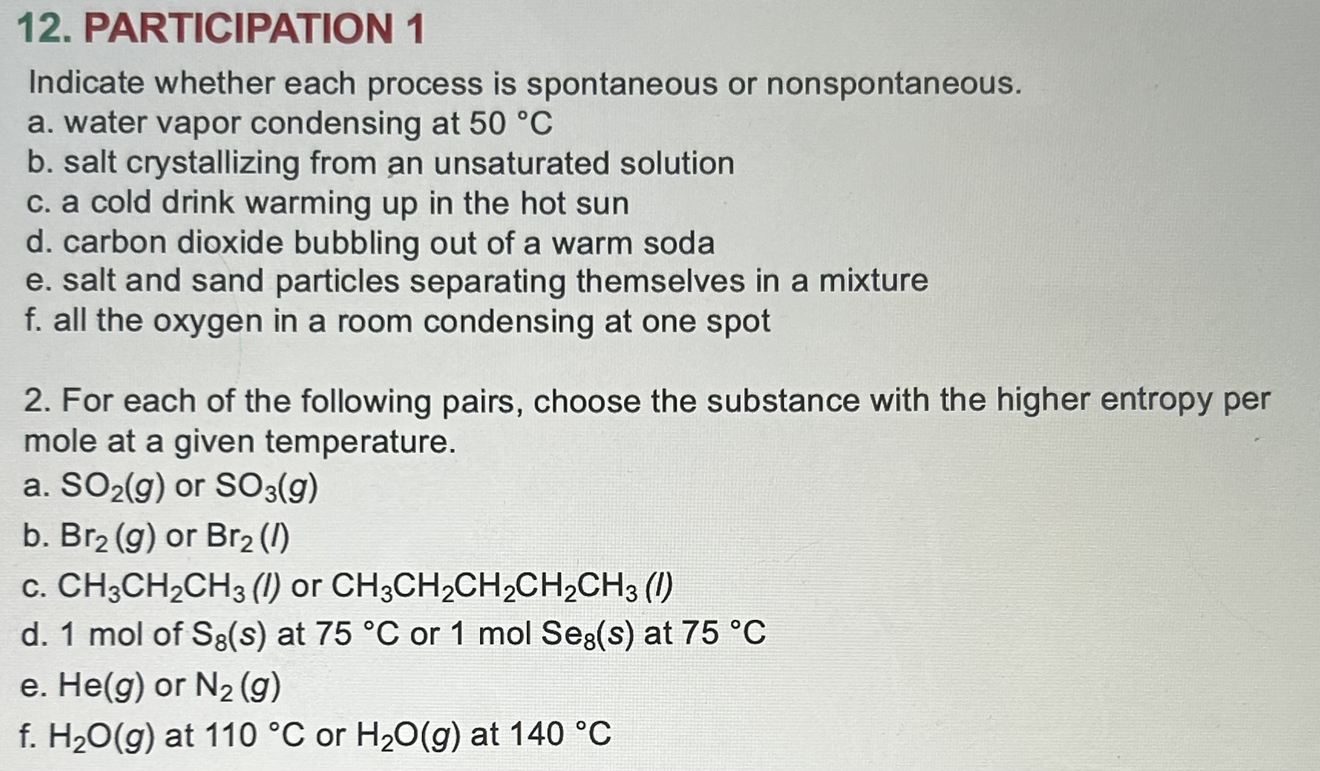 Solved 12. PARTICIPATION 1 Indicate whether each process is | Chegg.com