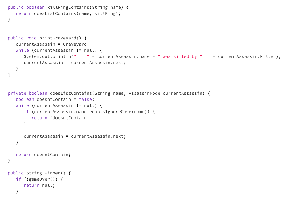 Solved import java.util.*; public class AssassinManager { | Chegg.com