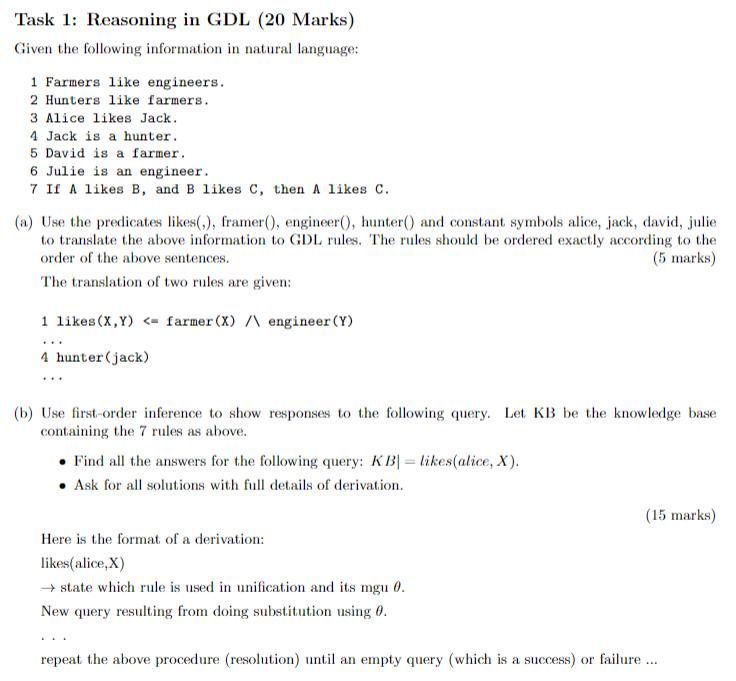 Solved Task 1: Reasoning in GDL (20 Marks) Given the | Chegg.com