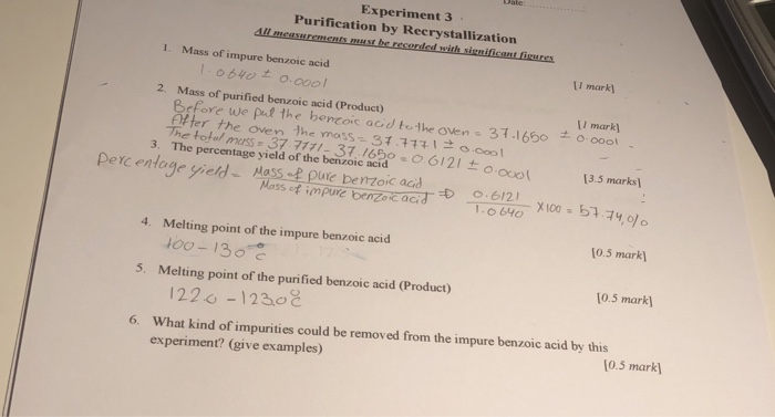 Solved Experiment 3 Purification by Recrystallization Mass | Chegg.com