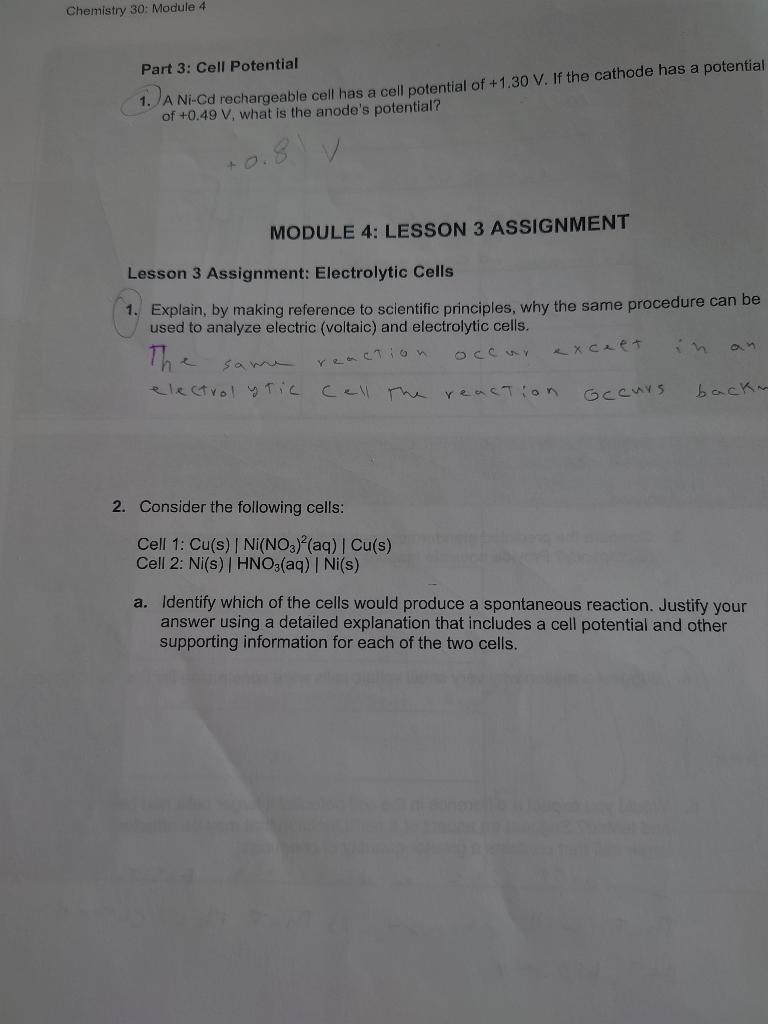 Solved Chemistry 30: Module 4 Part 3: Cell Potential 1. A | Chegg.com