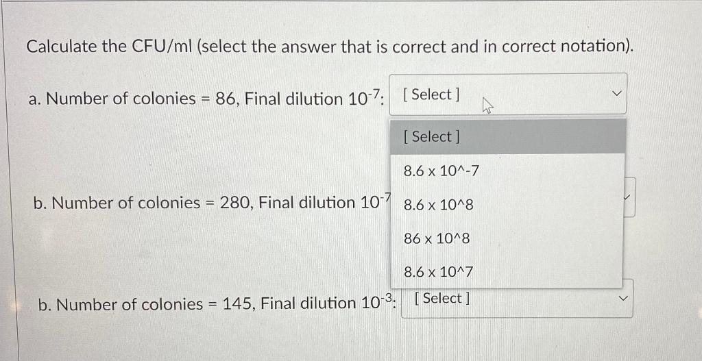 Solved Calculate the CFU/ml (select the answer that is | Chegg.com