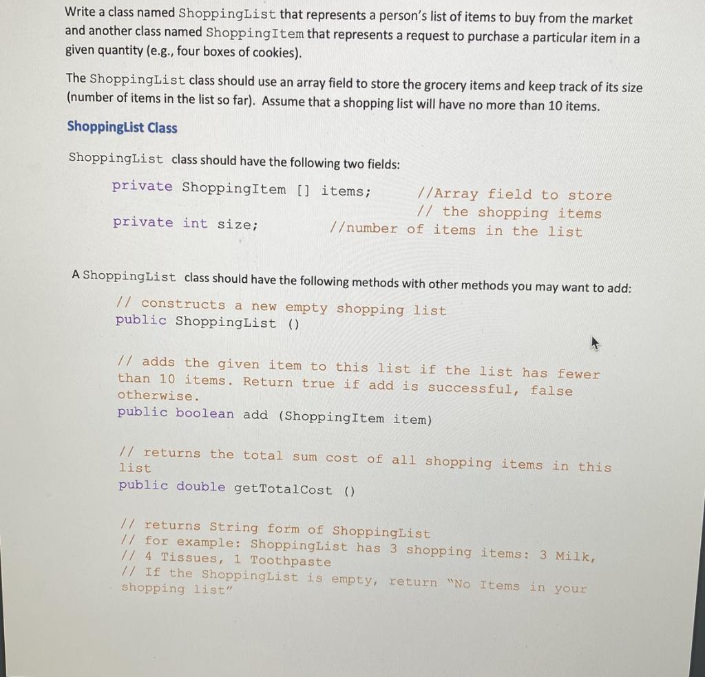 Solved Write a class named ShoppingList that represents a | Chegg.com