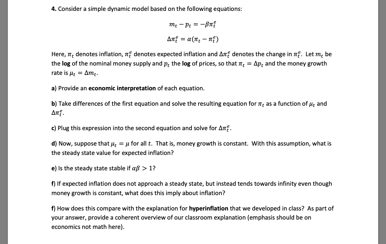 Solved 4. Consider a simple dynamic model based on the | Chegg.com