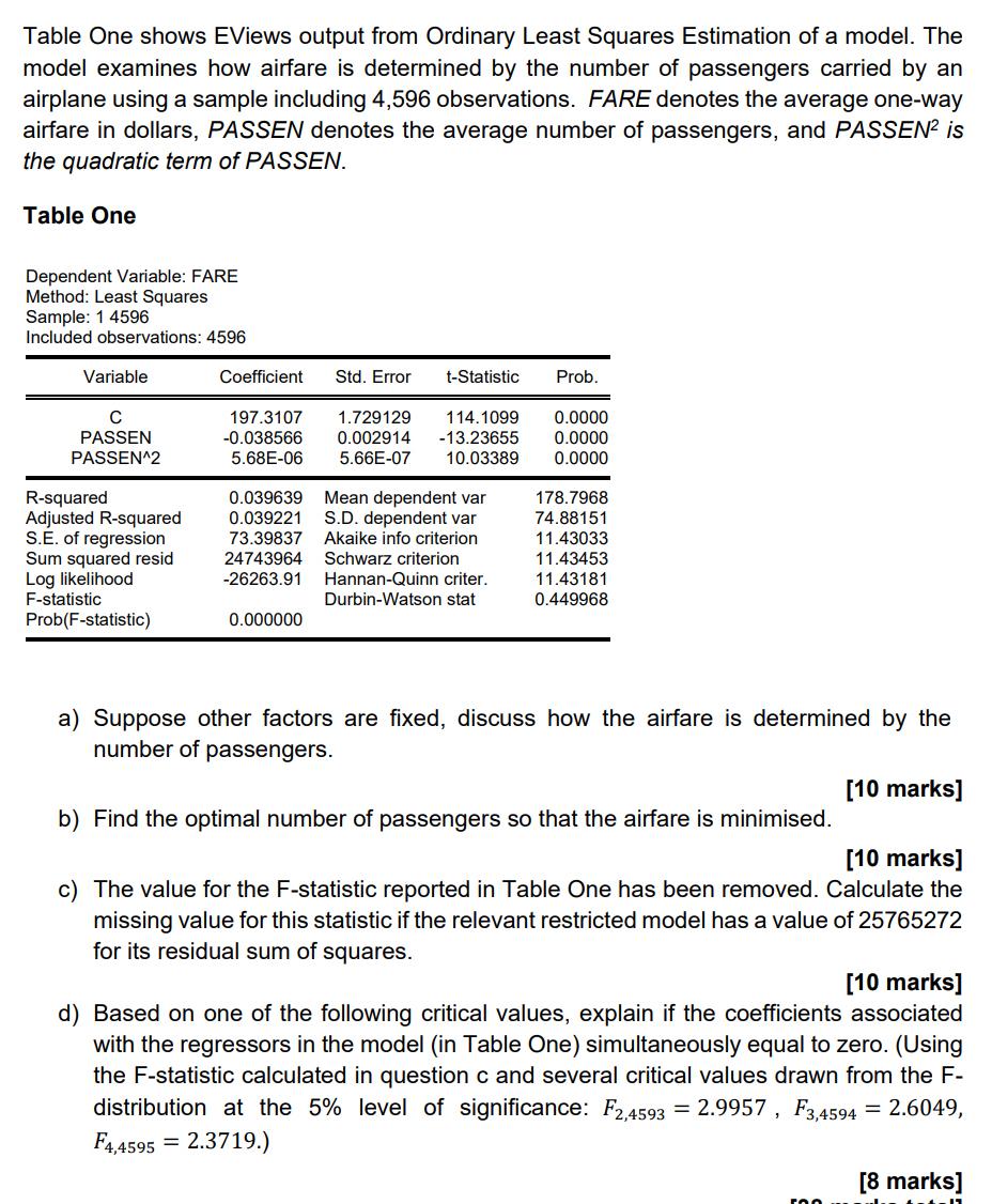 Solved Table One shows EViews output from Ordinary Least | Chegg.com