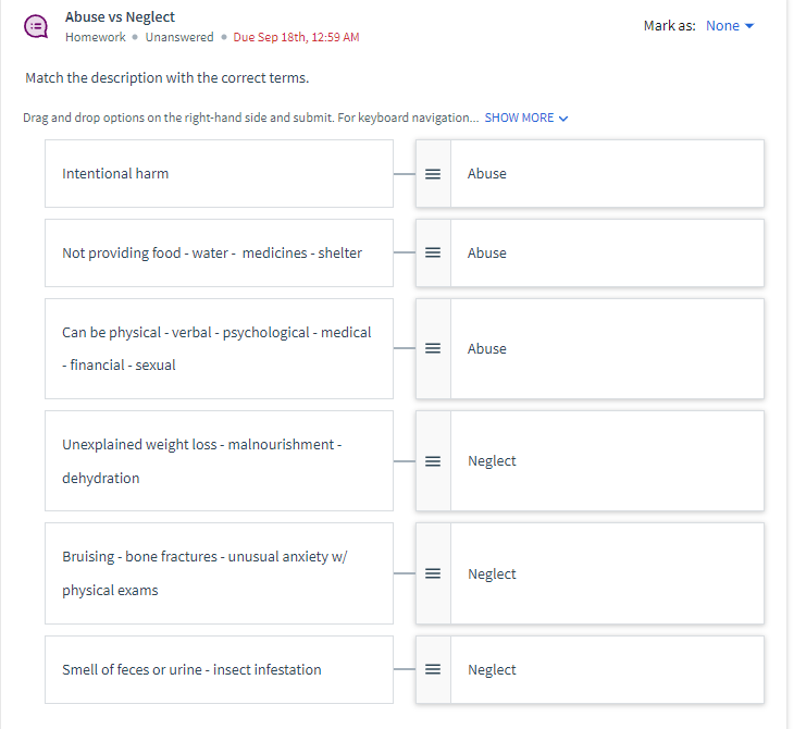 Solved Abuse vs NeglectHomework * ﻿Unanswered * ﻿Due Sep | Chegg.com