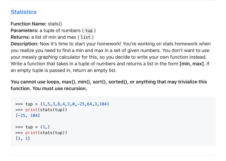 Solved Statistics Function Name: stats() Parameters: a tuple | Chegg.com