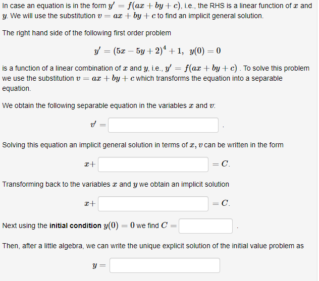 Solved In case an equation is in the form y′=f(ax+by+c), | Chegg.com