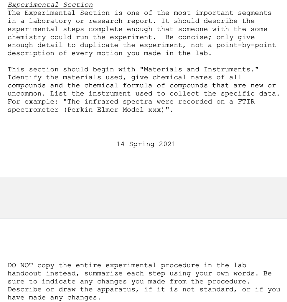 Experimental Section The Experimental Section is one | Chegg.com