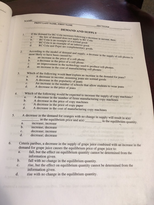 Solved NAME PRINT LAST NAME, FIRST NAME SECTION DEMAND AND | Chegg.com