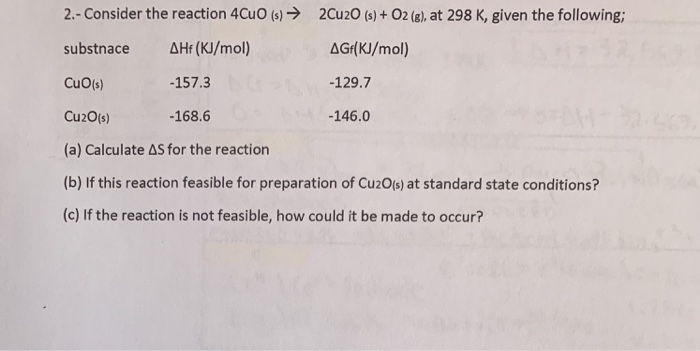 Solved 2.- Consider the reaction 4CuO (s) 2Cu20 (s)+ 02 (8), | Chegg.com