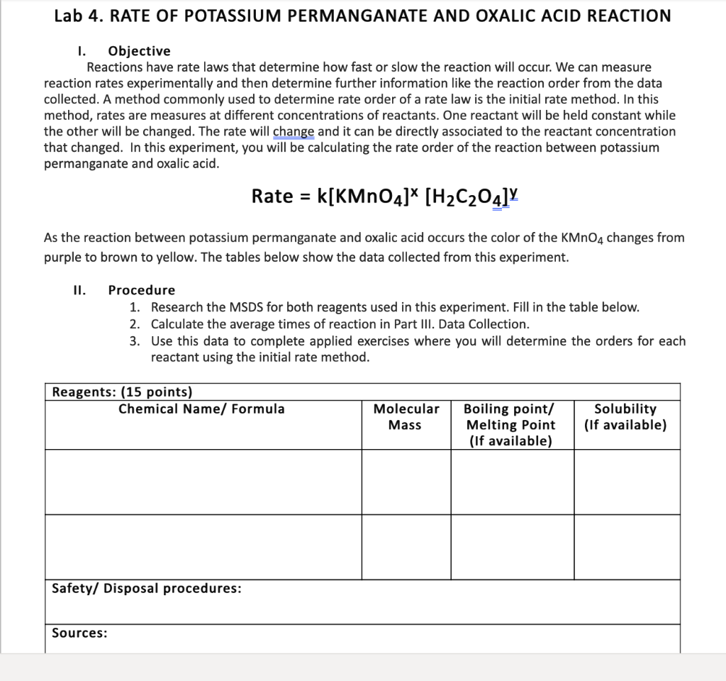 Lab 4. RATE OF POTASSIUM PERMANGANATE AND OXALIC ACID | Chegg.com