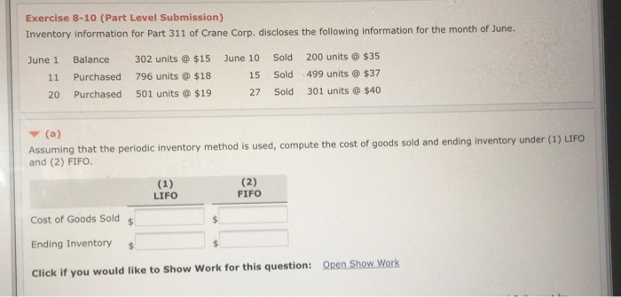 Solved Exercise 8-10 (Part Level Submission) Inventory | Chegg.com