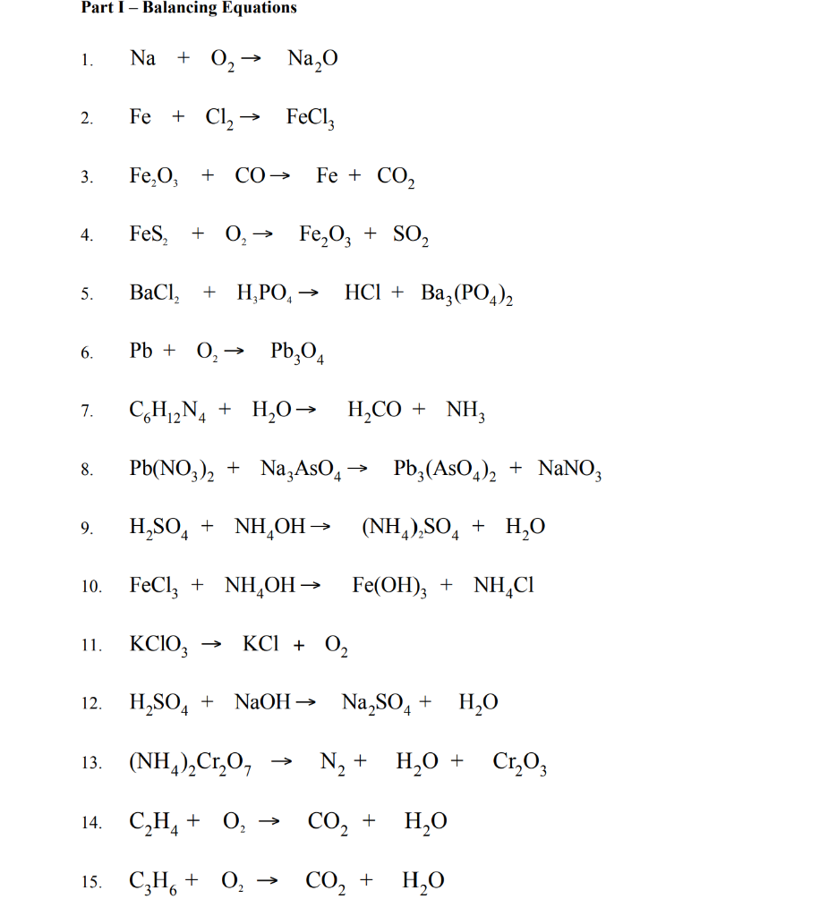 Solved Part I - Balancing Equations 1. Na + 02 → Na20 2. Fe | Chegg.com