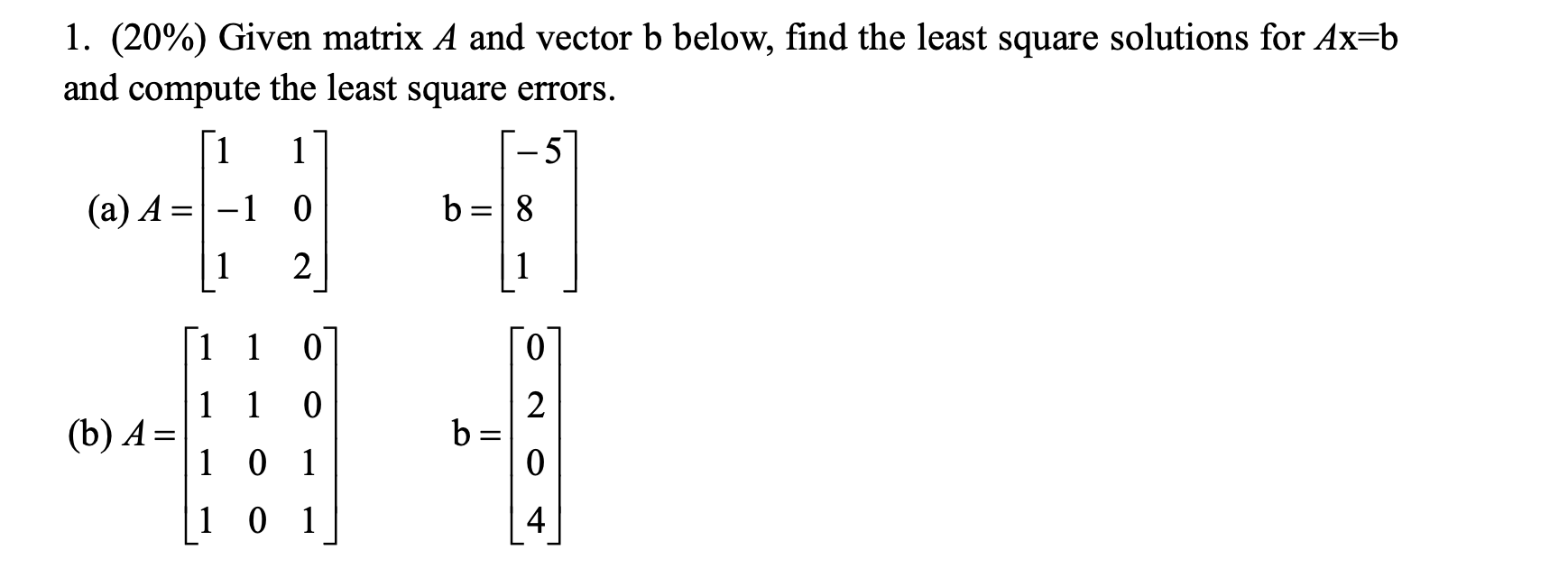 Solved 1. (20%) Given matrix A and vector b below, find the | Chegg.com