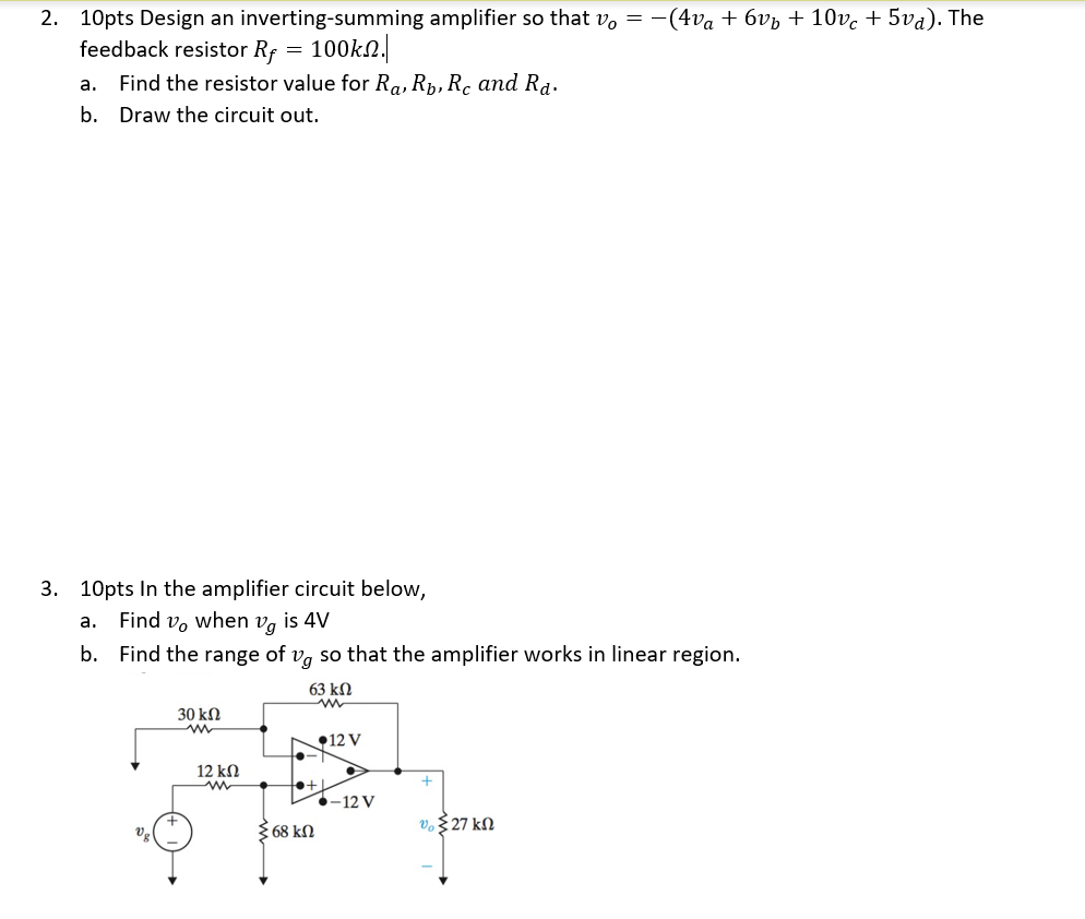 Solved 2. 10pts Design an inverting-summing amplifier so | Chegg.com
