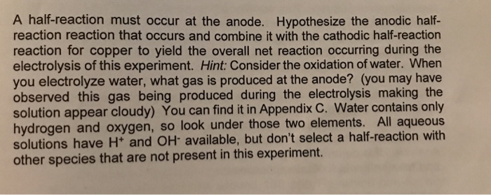 Solved A half reaction must occur at the anode. Hypothesize | Chegg.com