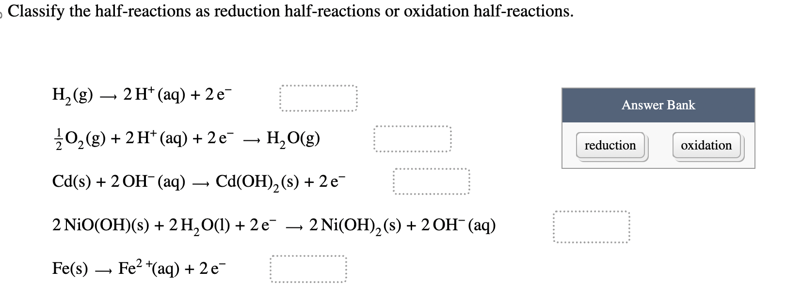 Solved H2(g)→2H+(aq)+2e-12O2(g)+2H+(aq)+2e-→H2O(g)Cd(s)+2OH- | Chegg.com