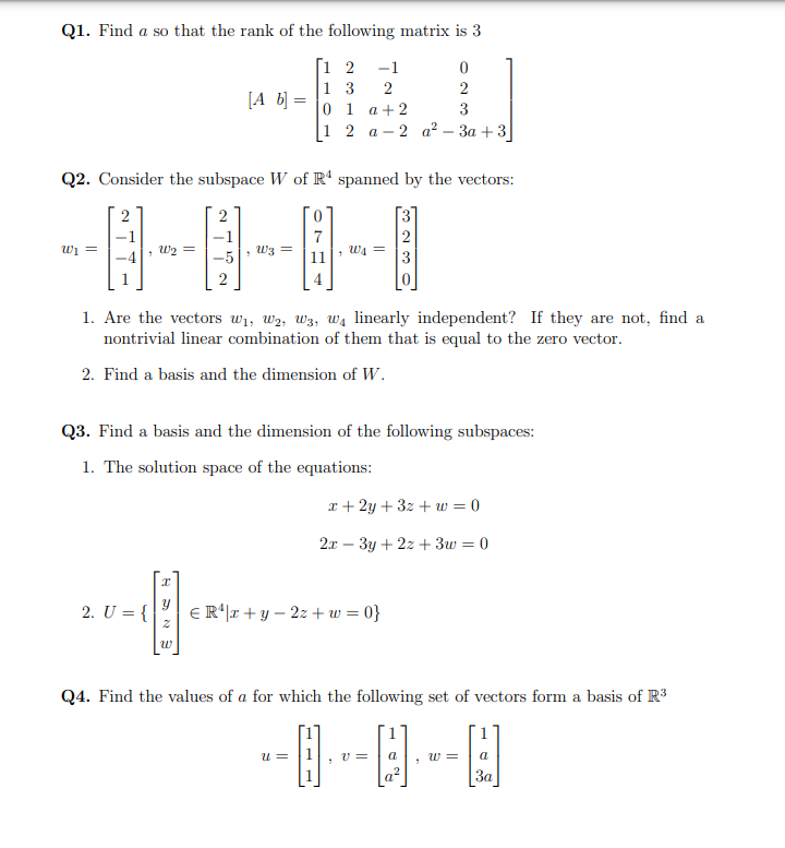 Solved Q1. Find a so that the rank of the following matrix | Chegg.com