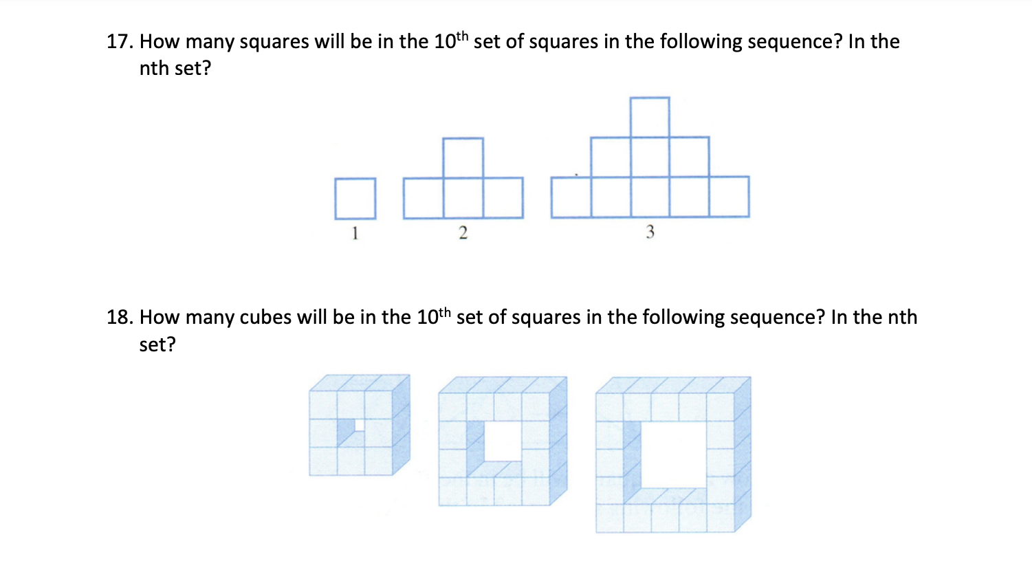 Solved 17. How many squares will be in the 10th set of | Chegg.com