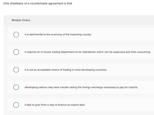 Solved One drawback of a countertrade agreement is that | Chegg.com