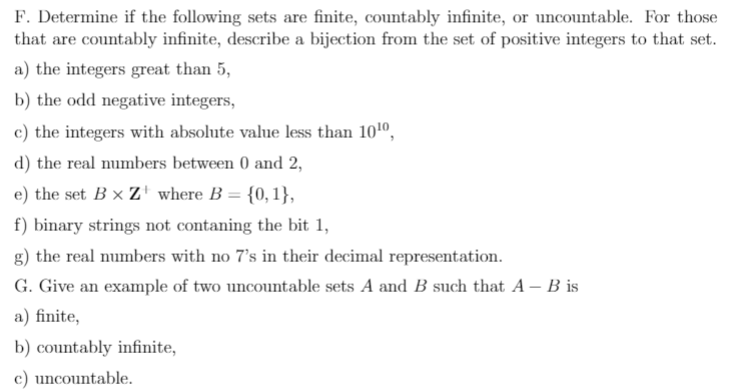 Solved F. Determine if the following sets are finite, | Chegg.com